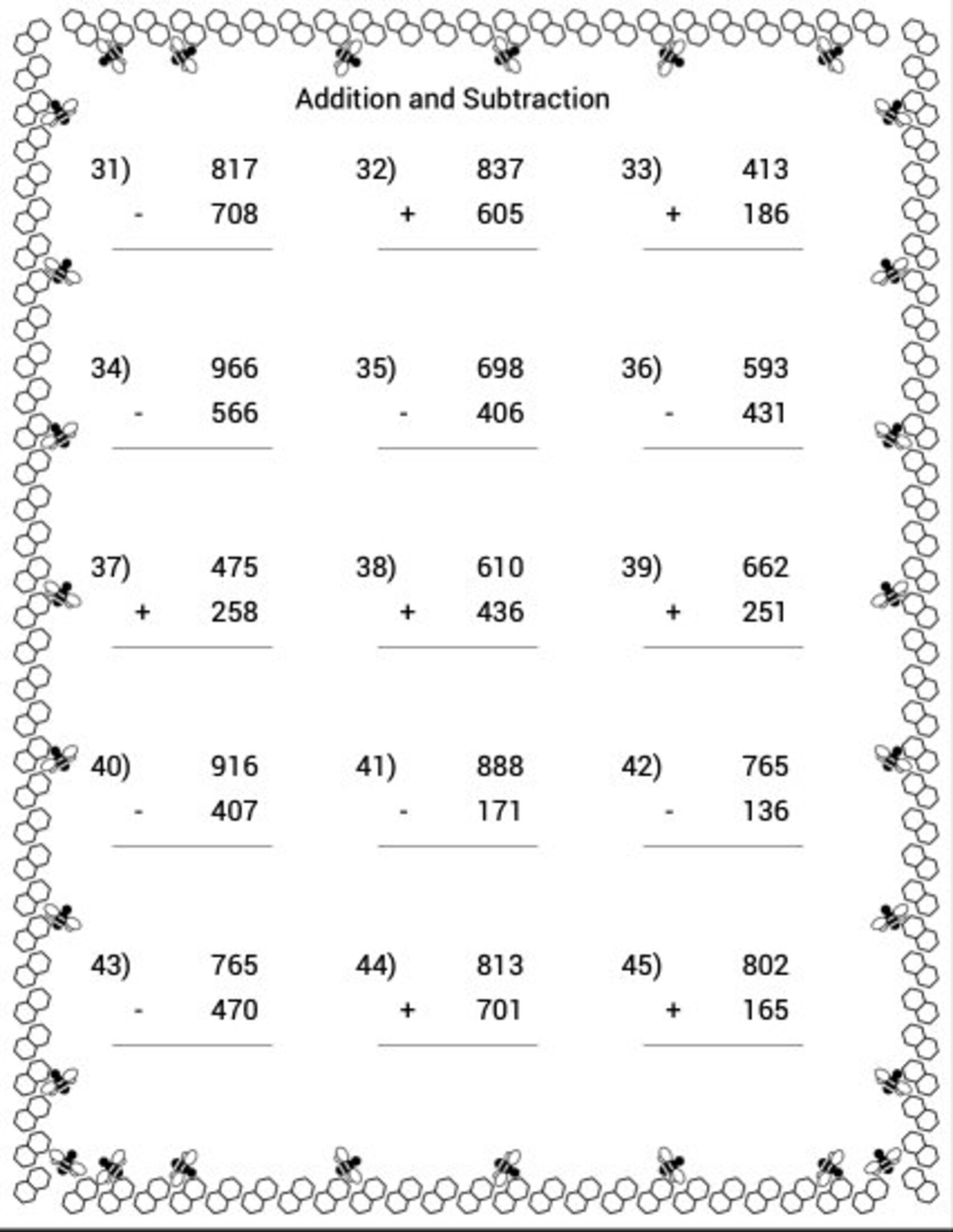 Printable Math Worksheets, Addition and Subtraction, Homeschool ...
