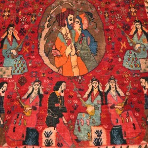 1900s Antique Pictorial Rug/ One of a Kind Art Rug/ Girls Singing/ Love ...