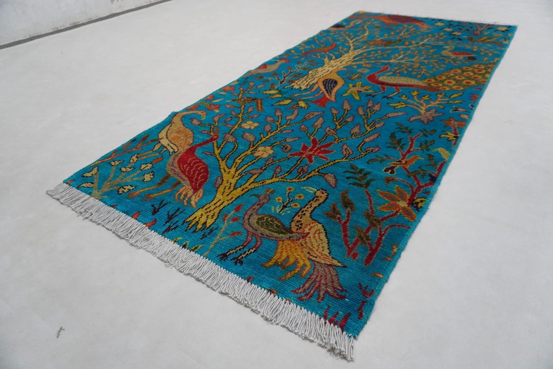 7 Ft Runner Turquoise Rug/ Peacock Birds Trees Pictorial Rug/ Turkmen ...