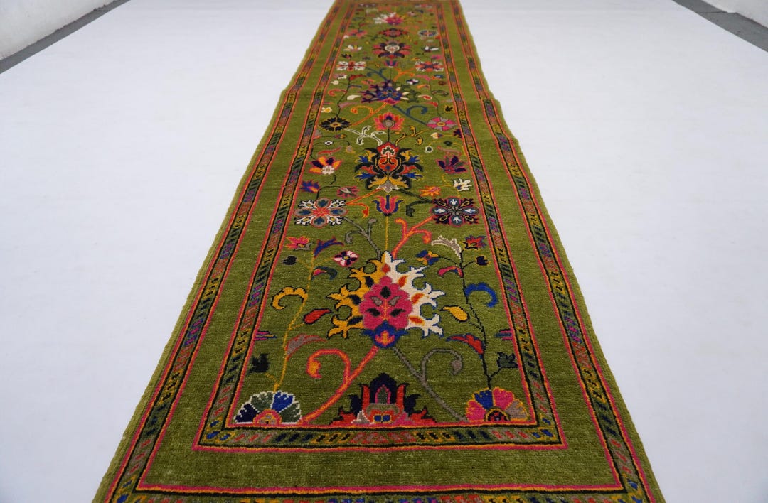 Fern Green 10 Ft Runner Rug/ Afghan Fine Quality Wool Rug/ Hand Knotted ...
