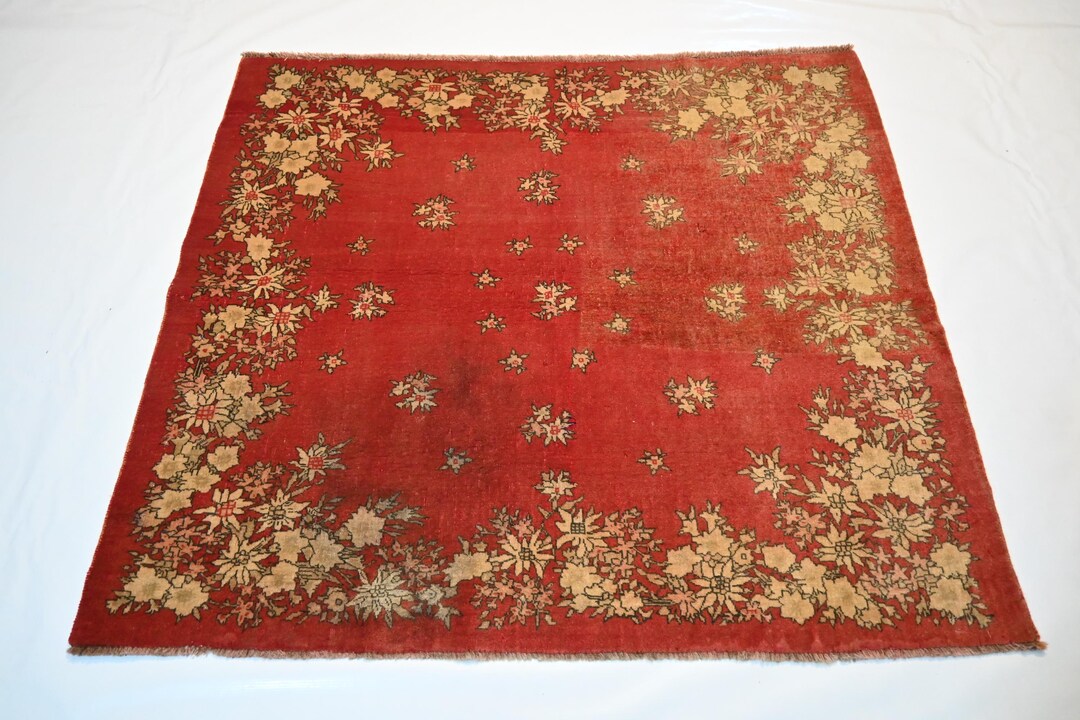 1930s Antique Rug/ 5x4 Ft Orange Square Rug/ Afghan Handmade Vintage ...