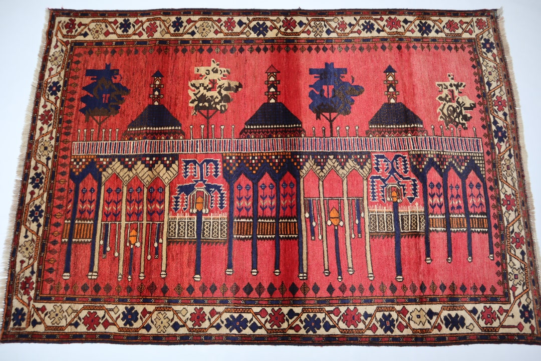 Vintage Mosque Rug 4'3x6'3 Ft Afghan Handmade Pictorial Mosque Rug ...
