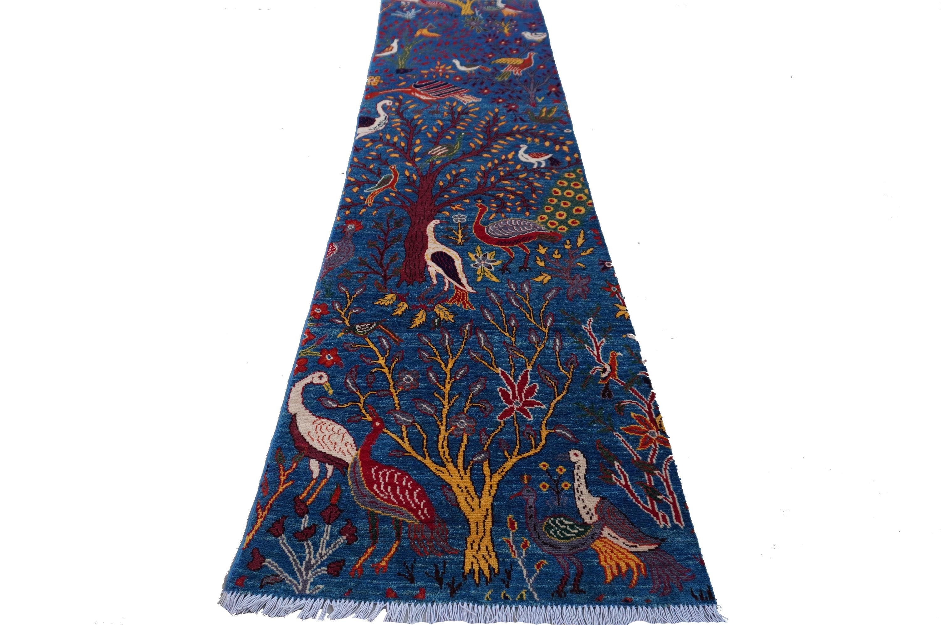Blue 10 Ft Runner Rug/ Peacock Birds Trees Pictorial Rug/ Turkmen Fine ...