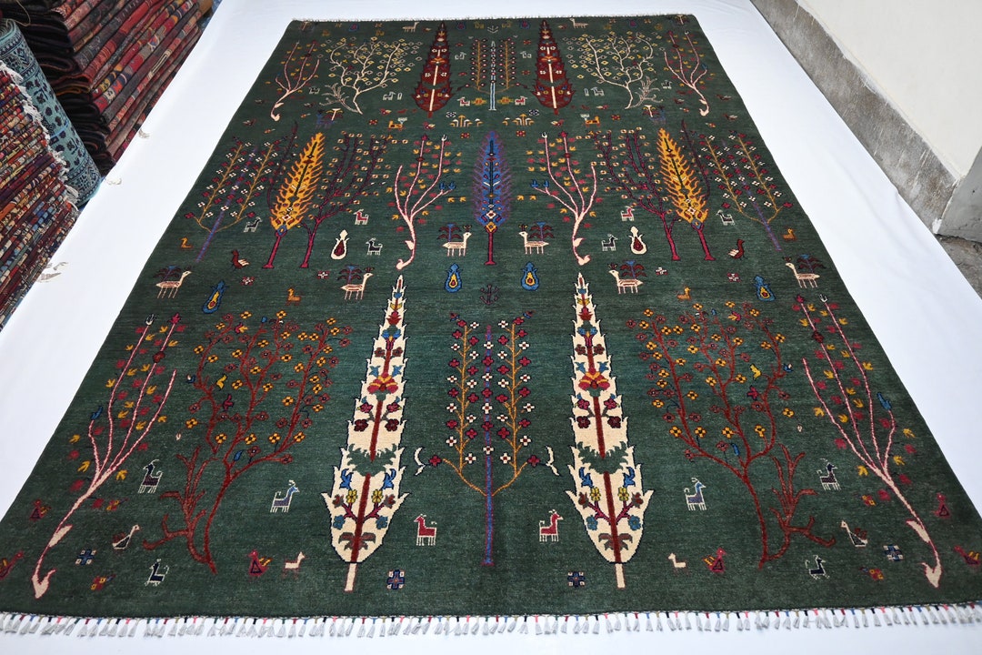 8x12 Hunter Green Tree of Life Rug/ Afghan Handmade Wool Pictorial Area ...