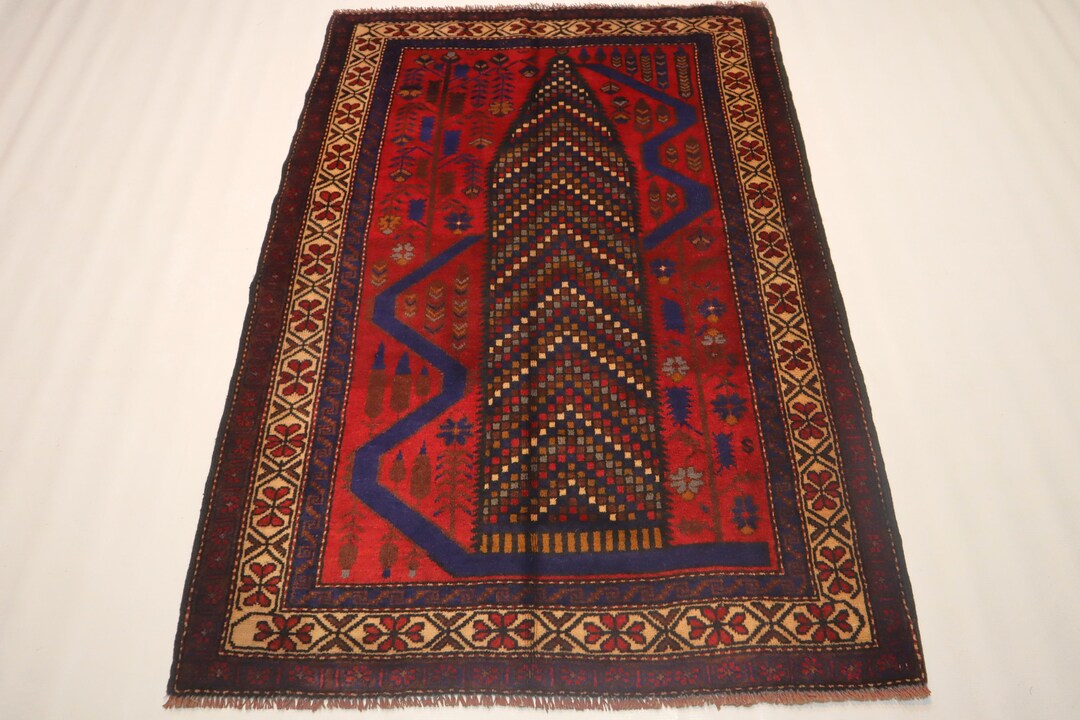 Afghan Vintage Rug 3'6x5 Ft Pictorial Tower Baluchi Rug/ Turkmen Hand ...