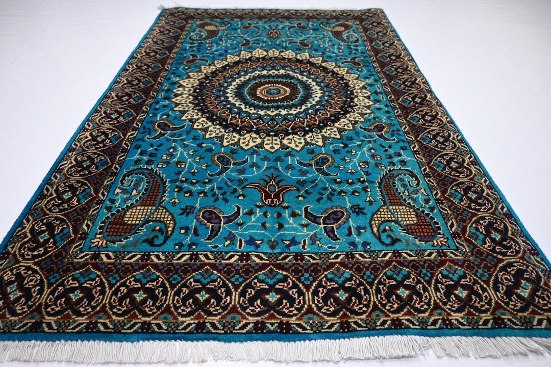 3'4x5'2 Ft Turquoise Rug/ Afghan Handmade Wool Rug/ Geometric Rez Maaye ...