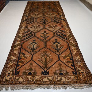 1900s Antique Rug 4'7x13 Ft Caucasian Terracotta Rug/ Handmade Turkmen ...