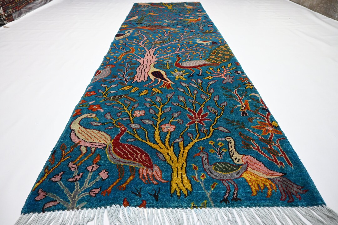 Peacock Birds Trees Pictorial Rug 10 Ft Blue Turkmen Fine Quality ...