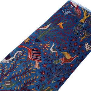 Blue 10 Ft Runner Rug/ Peacock Birds Trees Pictorial Rug/ Turkmen Fine ...