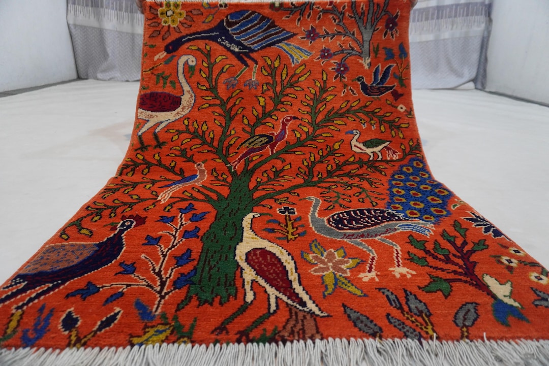 Orange Pictorial Rug 3x4 Ft Turkmen Peacocks Birds Trees Rug/ Hand ...