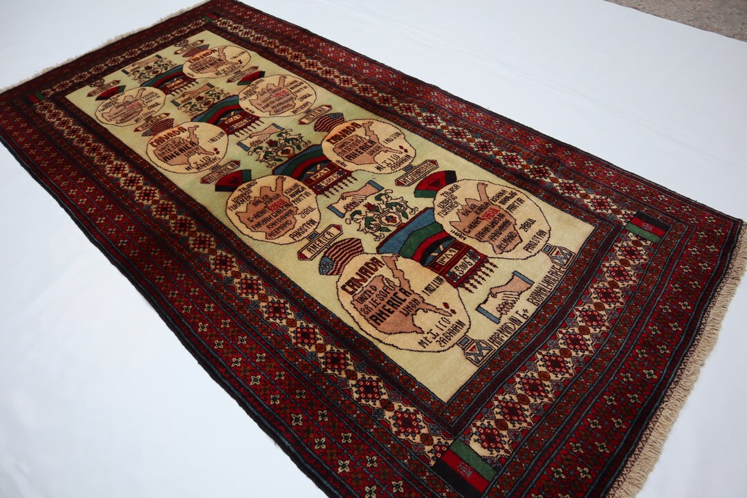 3'9x7'5 Ft World Map Rug/ Afghan Handmade Vintage Rug/ Oriental ...
