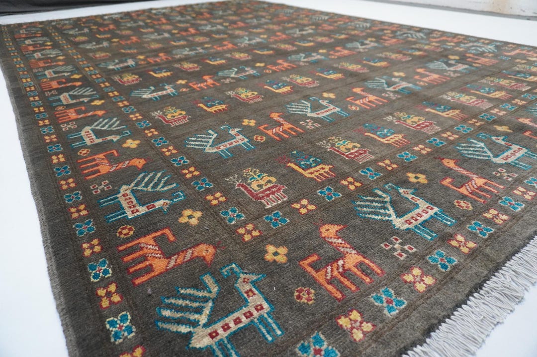 7x10 Natural Gray Pictorial Rug/ Handmade Wool Rug/ Sultani Shikar Gah ...