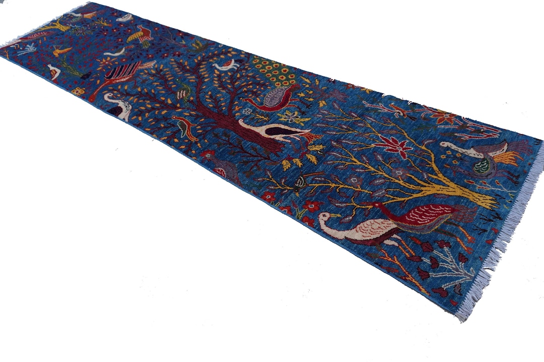 Blue 10 Ft Runner Rug/ Peacock Birds Trees Pictorial Rug/ Turkmen Fine ...
