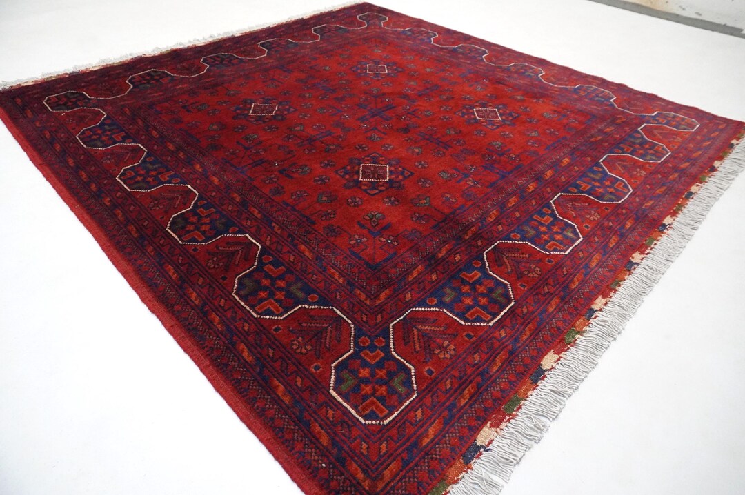 5x5 Square Rug/ Red Turkmen Tribal Bukhara Rug Handmade Wool Rug ...
