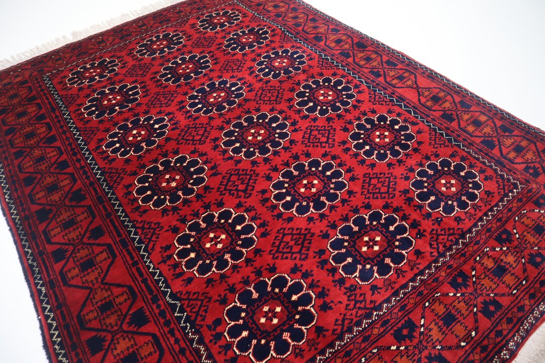 Red 4x5 Antique Turkmen Patnoos Gull Rug/ Afghan Handmade Wool Rug ...