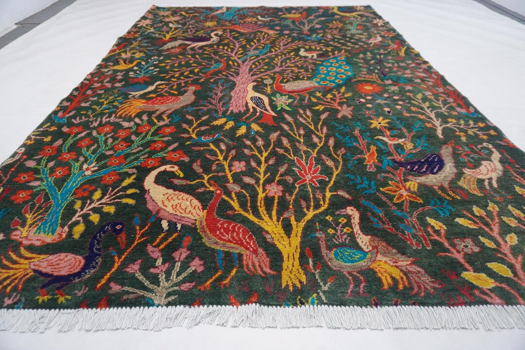 Peacock Birds Trees Pictorial Rug 8x6 Dark Green Turkmen Fine Quality ...