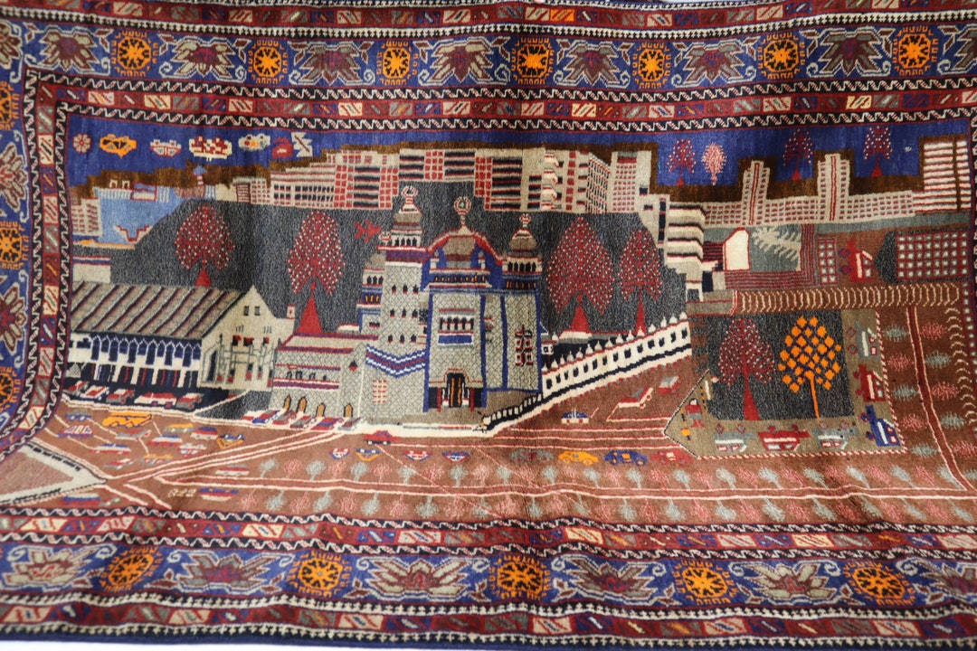 4'4x7 Ft Afghan Vintage Pictorial Rug/ Handmade Wool Area Rug/ Turkmen ...