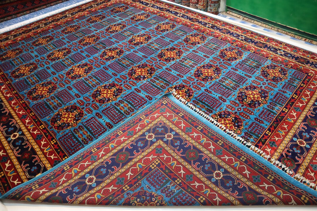 10x13 Afghan Fine Geometric Bukhara Rug/ Rich Blue Turkmen Hand Knotted ...
