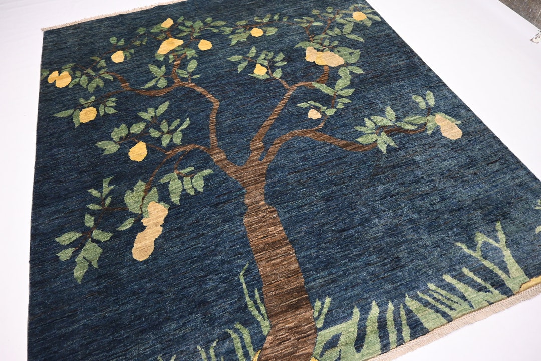 Blue Tree of Life Pomegranate Rug 6'5x7'6 Ft Afghan Handmade Wool Rug ...