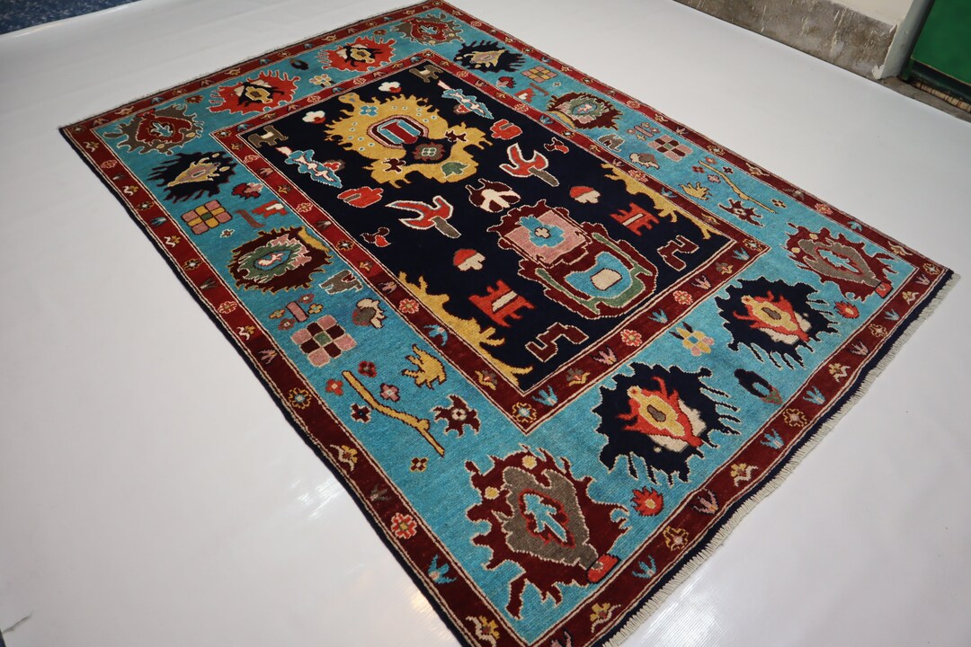 6x8 Dark Blue With Turquoise Border Rug/ Contemporary Turkish Oushak ...