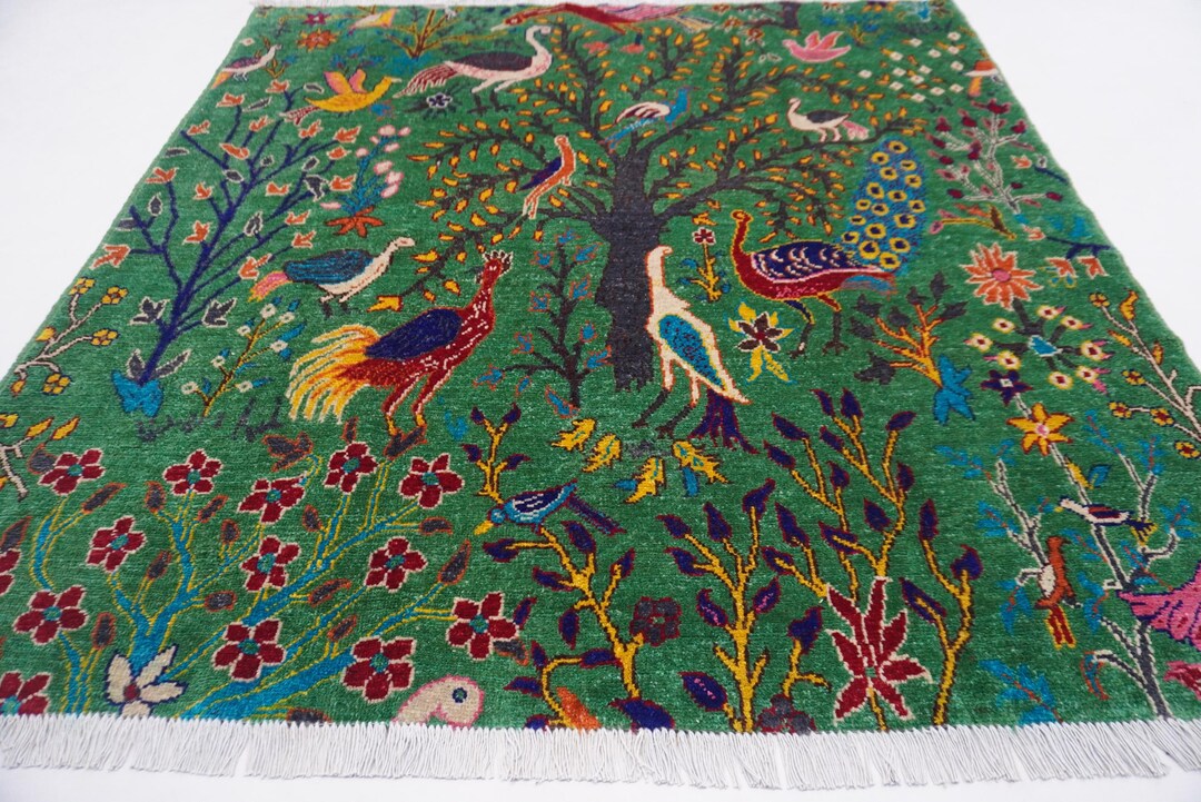 Green Pictorial Rug 5x5 Afghan Handmade Wool Square Rug/ Peacock Birds ...