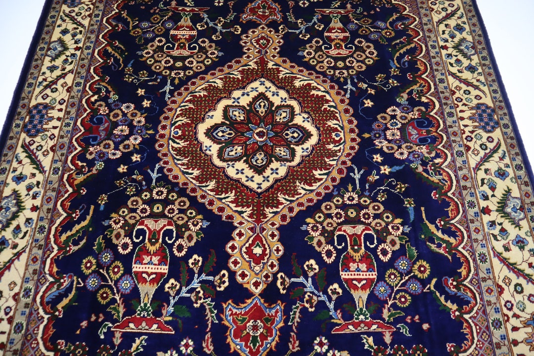 10x7 Navy Blue Floral Rug/ Turkmen Geometric Design Rug/ Afghan Fine ...