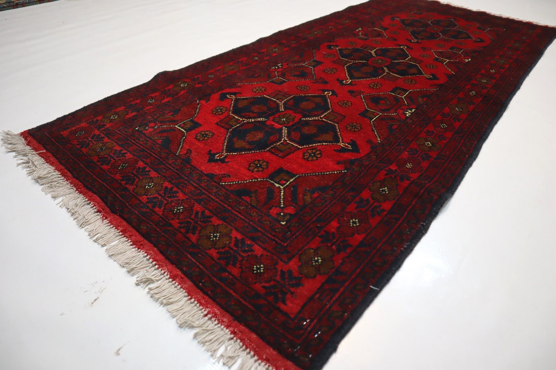 Red 7 Ft Runner Rug 3'10x6'7 Afghan Handmade Vintage Rug 100% Wool ...