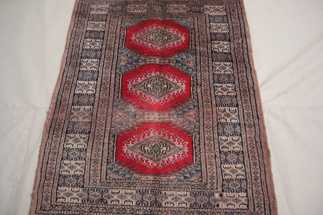 Antique Kashmiri Rug 2x3 Ft Handmade Wool Rug/ Turkmen High Pile Soft ...