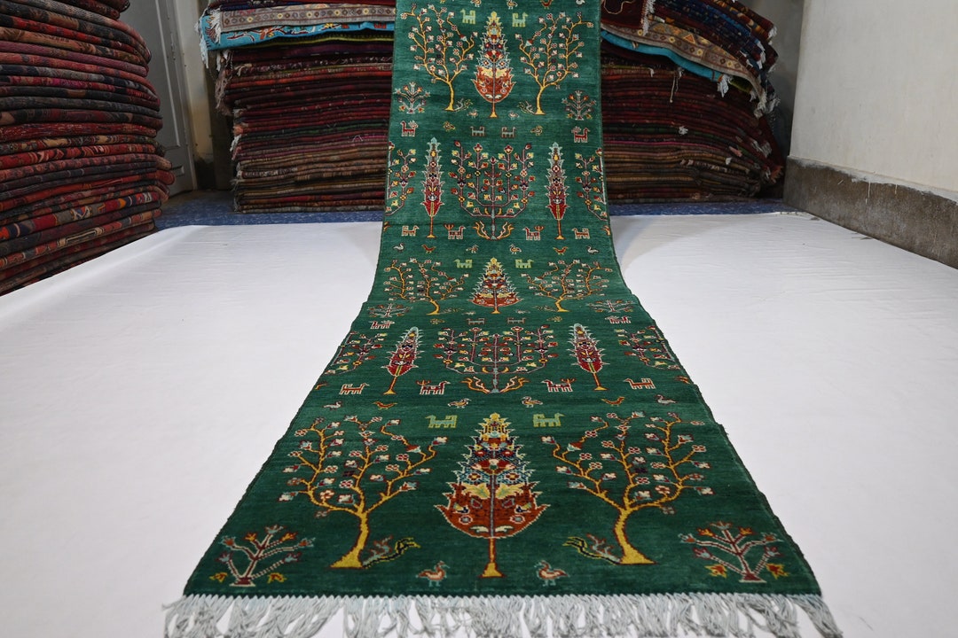 Green Trees Rug 3x10 Runner Afghan Handmade Wool Rug/ Tree of Life ...