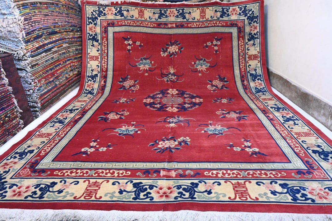 10x13 Large Antique 1920 Rug/ Red Chinese Rug/ Caucasian Design ...