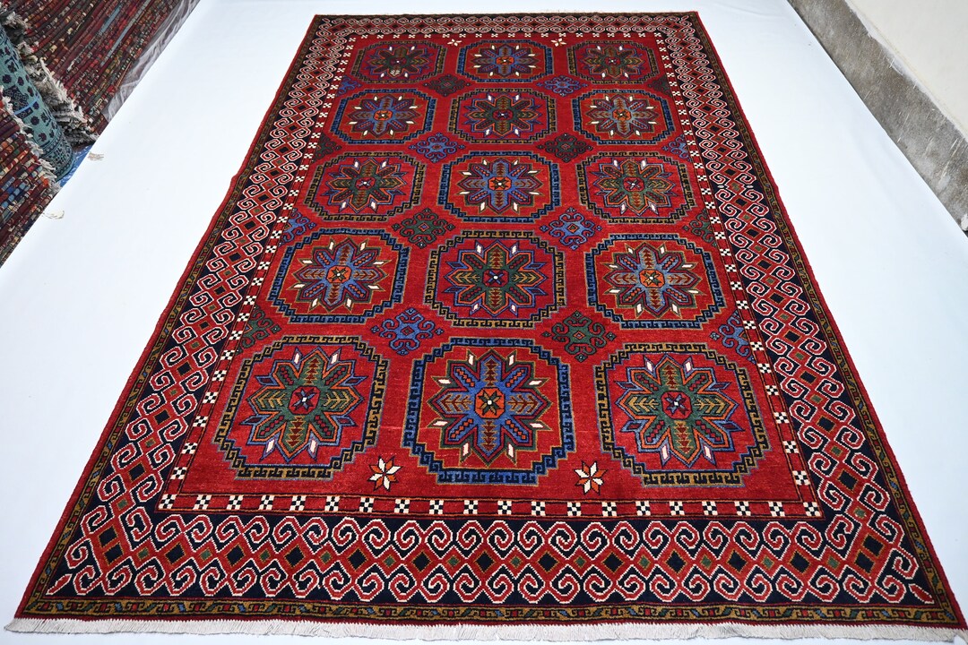 10x7 Large Afghan Super Red Unique Ersari Rug/ Rich Colors Turkmen Hand ...