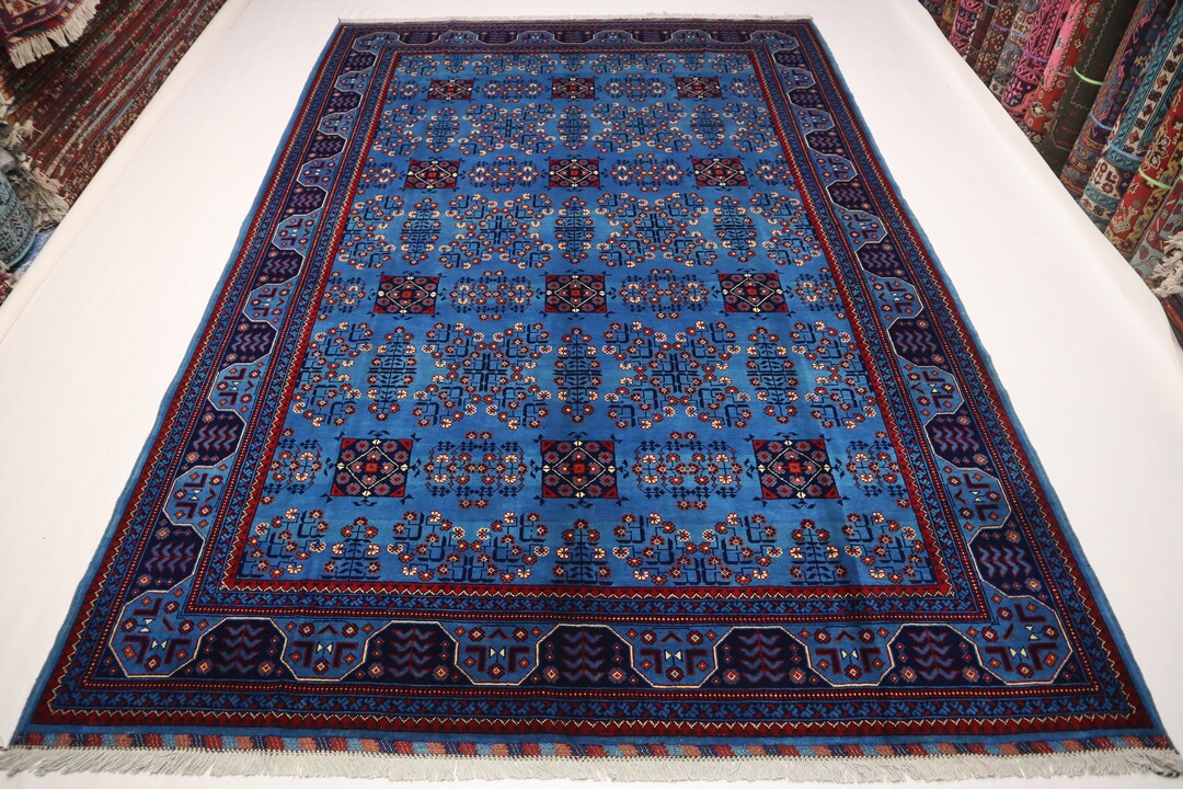 7x10 Afghan Fine Bukhara Rug/ Rich Blue Turkmen Hand Knotted Wool Area ...