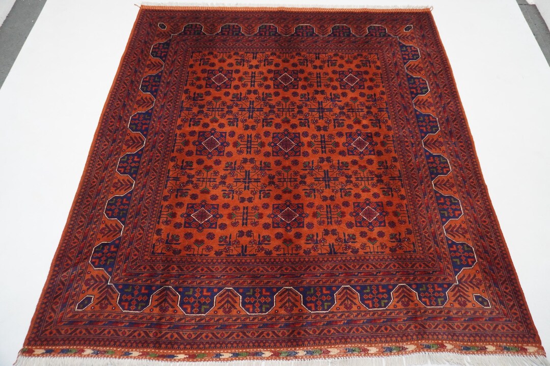 7x7 Orange Square Rug 6'6x7'0" Turkmen Khal Muhammadi Bukhara Rug ...