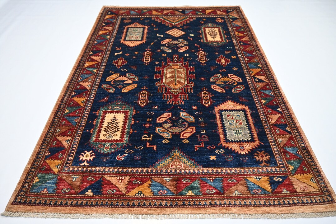 4x6 Afghan Medallion Serapi Design Rug/ Turkmen Navy Blue Red Handmade ...