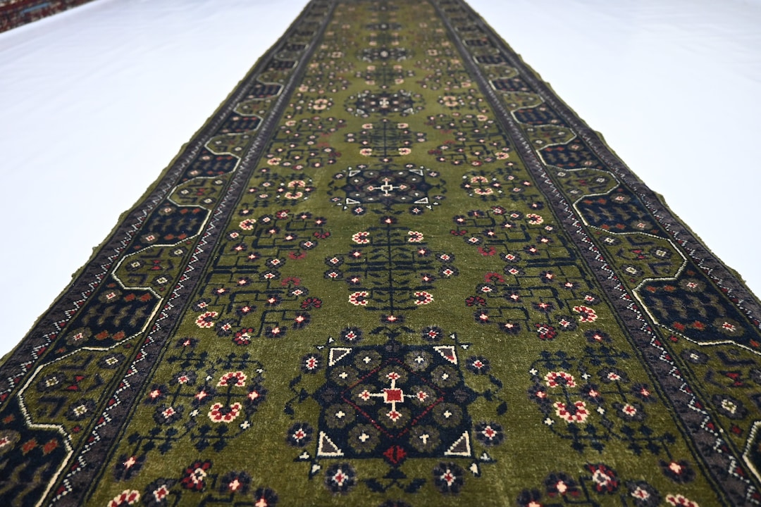 3x10 Uniform Green Bukhara Rug/ Afghan Fine Turkmen Hand Knotted Wool ...