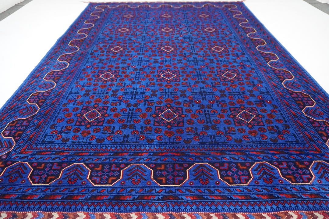 6x8 Blue Turkmen Bukhara Rug/ Afghan Tribal Rug/ Handmade Wool Rug ...
