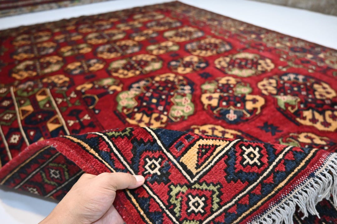 Red Tekke Bukhara Rug 7x10 Hand Knotted Wool Rug/ Turkmen Tribal Rug ...