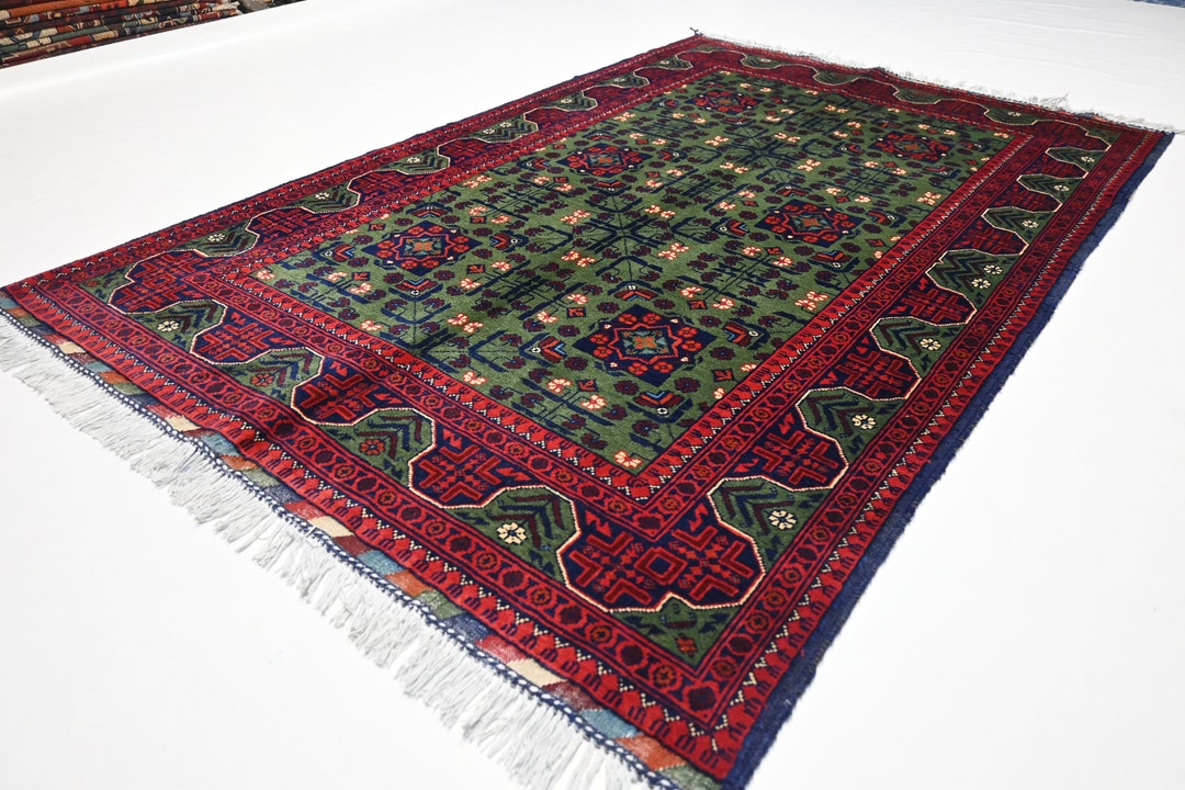 4x6 Green Bukhara Rug/ Afghan Fine Turkmen Hand Knotted Wool Area Rug ...