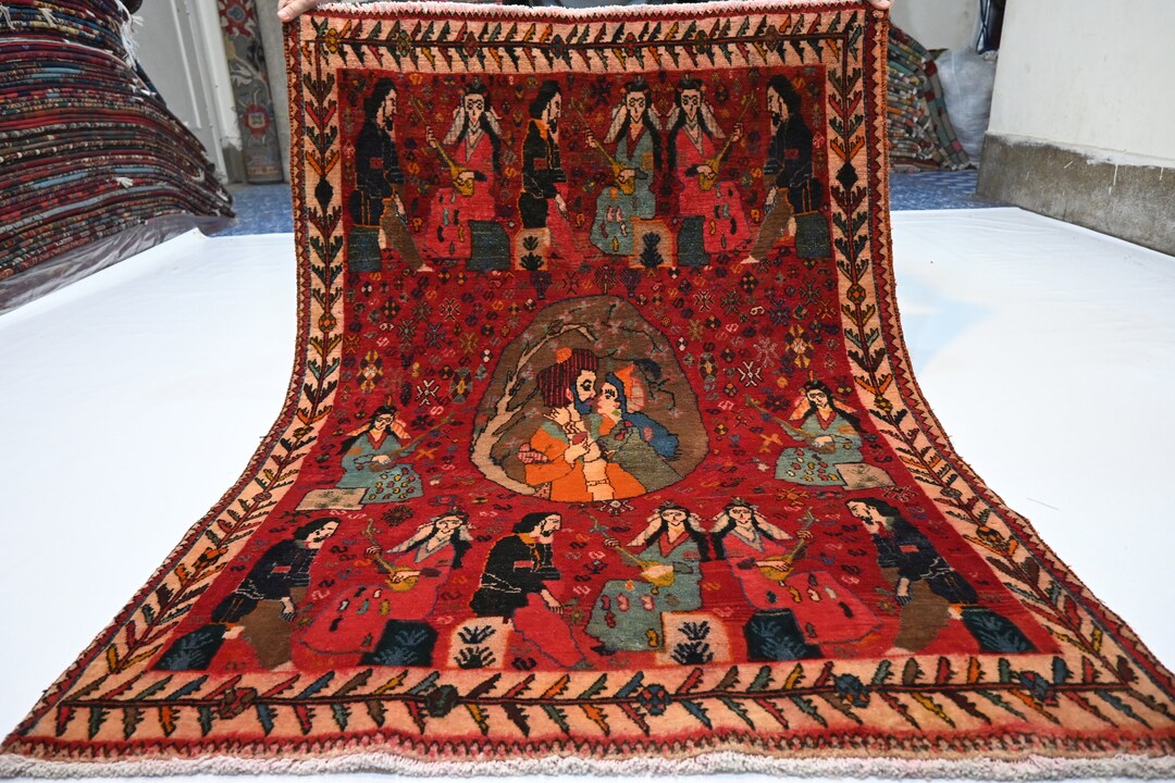 1900s Antique Pictorial Rug/ One of a Kind Art Rug/ Girls Singing/ Love ...