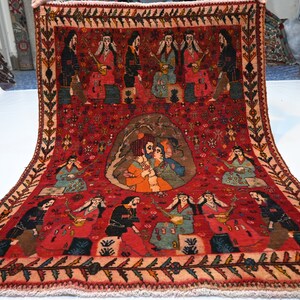 1900s Antique Pictorial Rug/ One of a Kind Art Rug/ Girls Singing/ Love ...