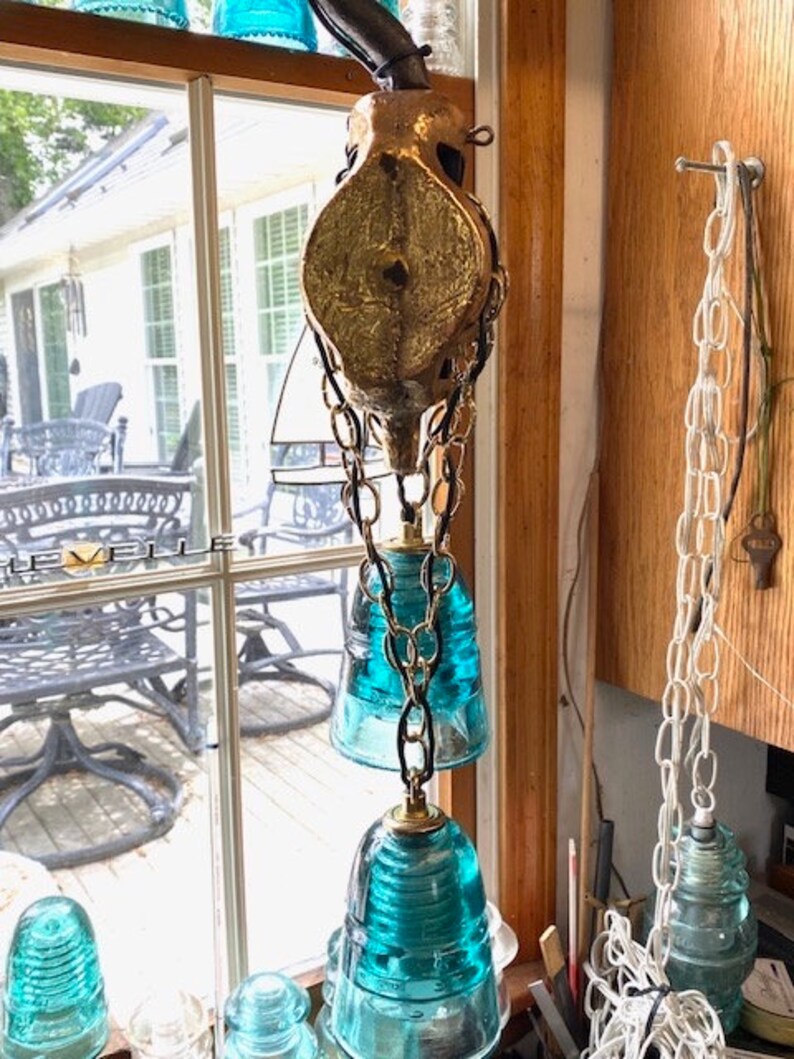 Glass Insulator/brass Barn Pulley Accent Swag Lamp - Etsy