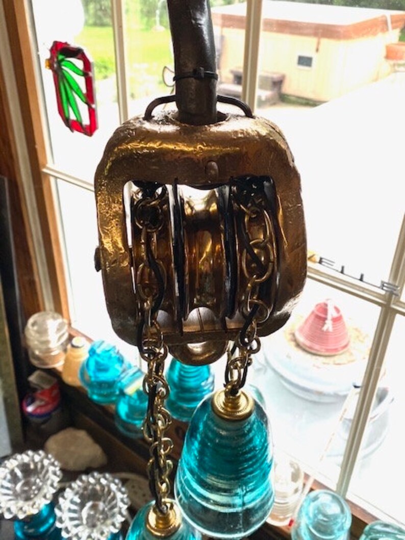 Glass Insulator/brass Barn Pulley Accent Swag Lamp - Etsy