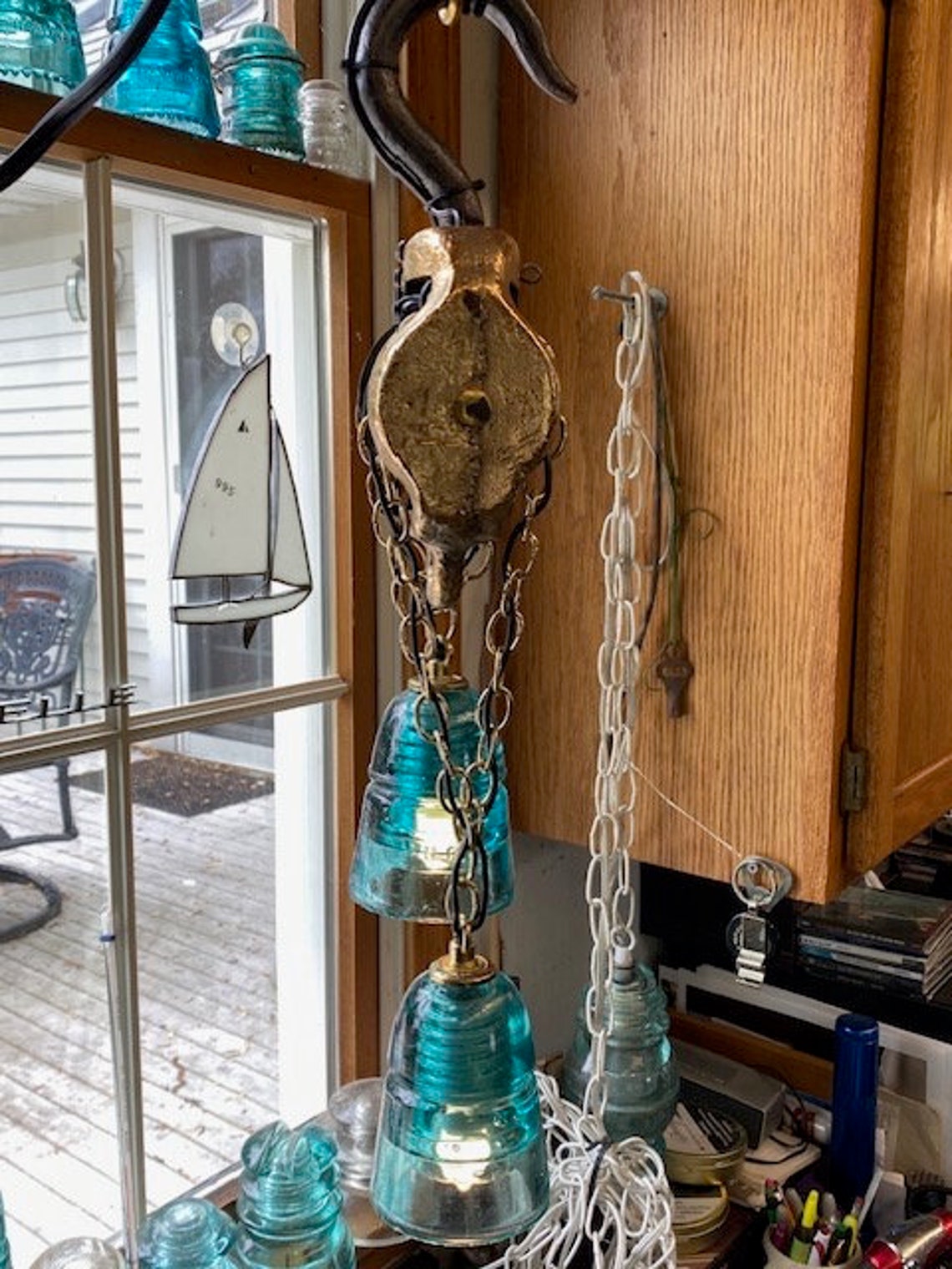Glass Insulator/brass Barn Pulley Accent Swag Lamp - Etsy