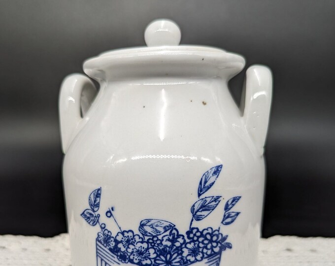 Vintage Ceramic Crock With Lid and Handles Blue Basket With Flowers ...