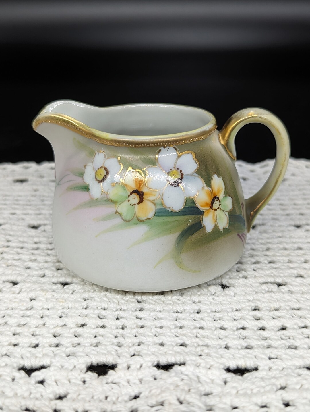 Vintage Pretty Hand-painted Creamer Light Taupe With Green Foliage and ...