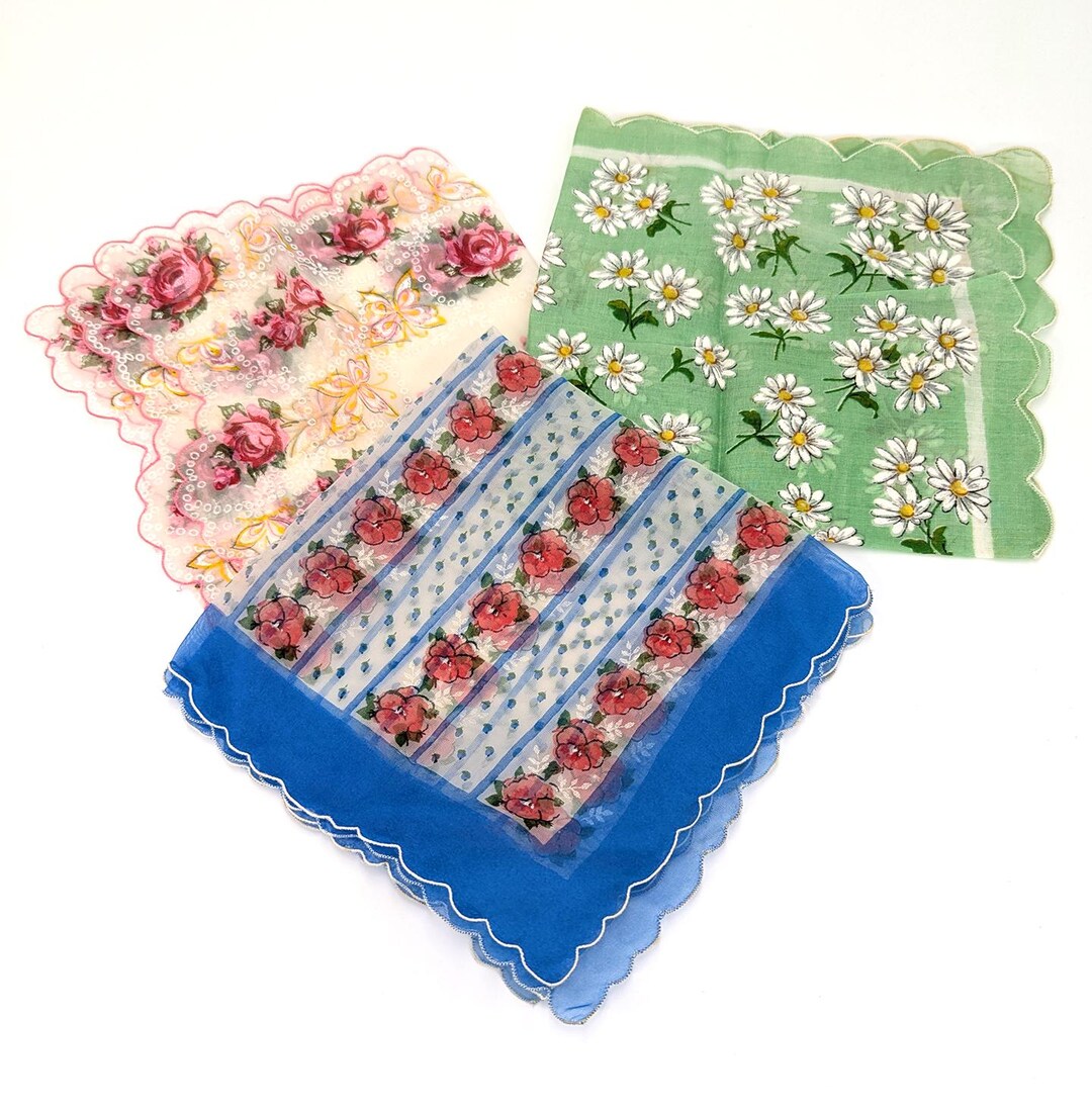 Vintage Group of 3 Sheer Floral Style Ladies Handkerchiefs 14" - V3923 ...
