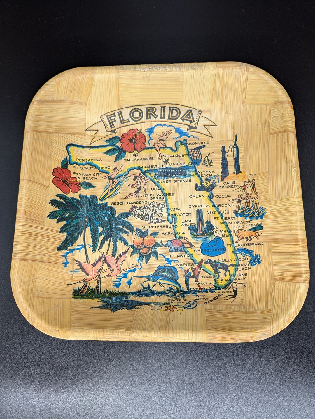 Vintage 1960s Florida State Map Tourist Stops Woven Bamboo 11" Bowl ...