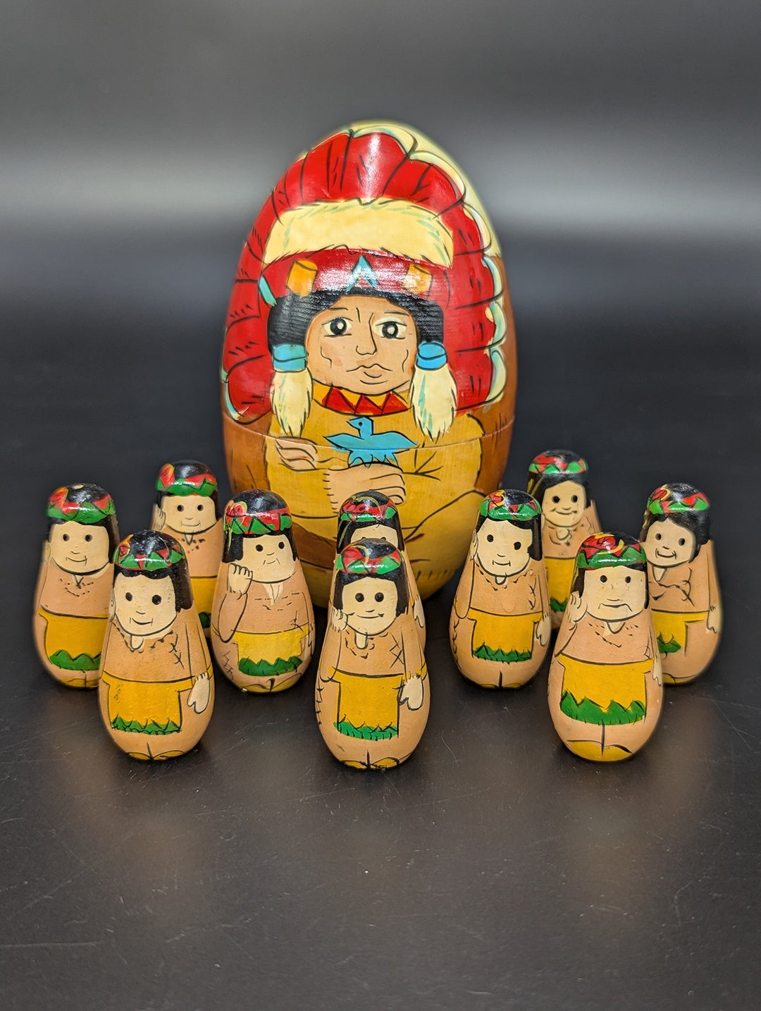 Vintage Wooden Indian/native American "nesting" Style Egg With 10 ...