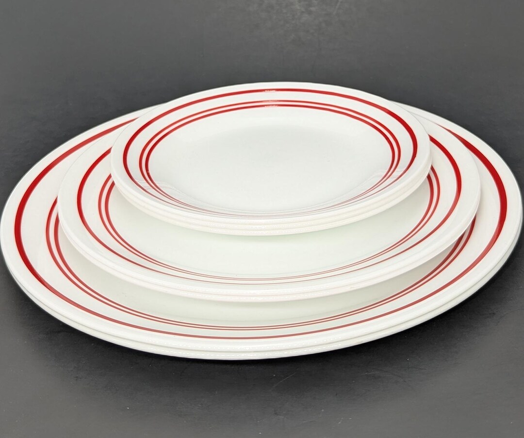 Vintage CORELLE Vitrelle 7-piece Set of Red Stripe Dinnerware Plates ...