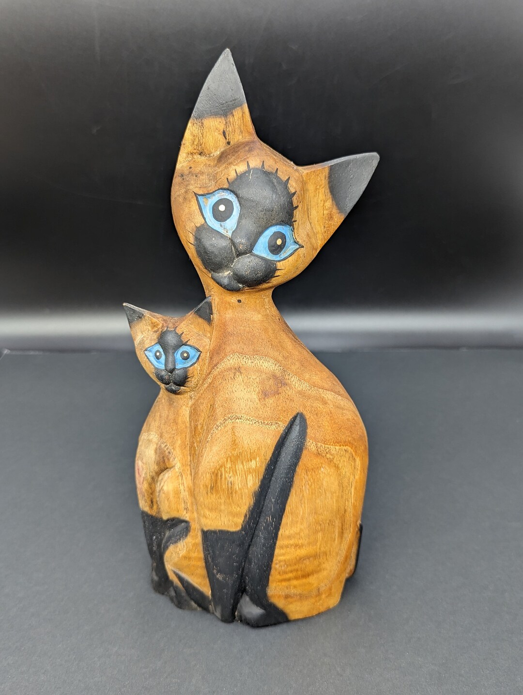 Vintage MCM Hand Carved Solid Wood Blue-eyed Mama Cat and Kitten 12 ...